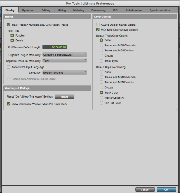 Pro Tools Preferences Window Display Tab